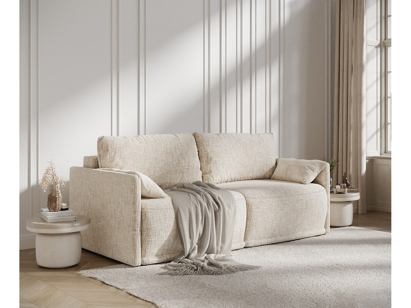 Canapé convertible Nappa - toile tissée - 3 places - creme