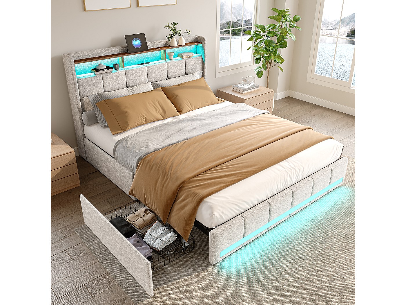 Lit 160x200 Sommier LED Et 2 USB, Type-c, Lit Capitonné Lit Double Avec ...