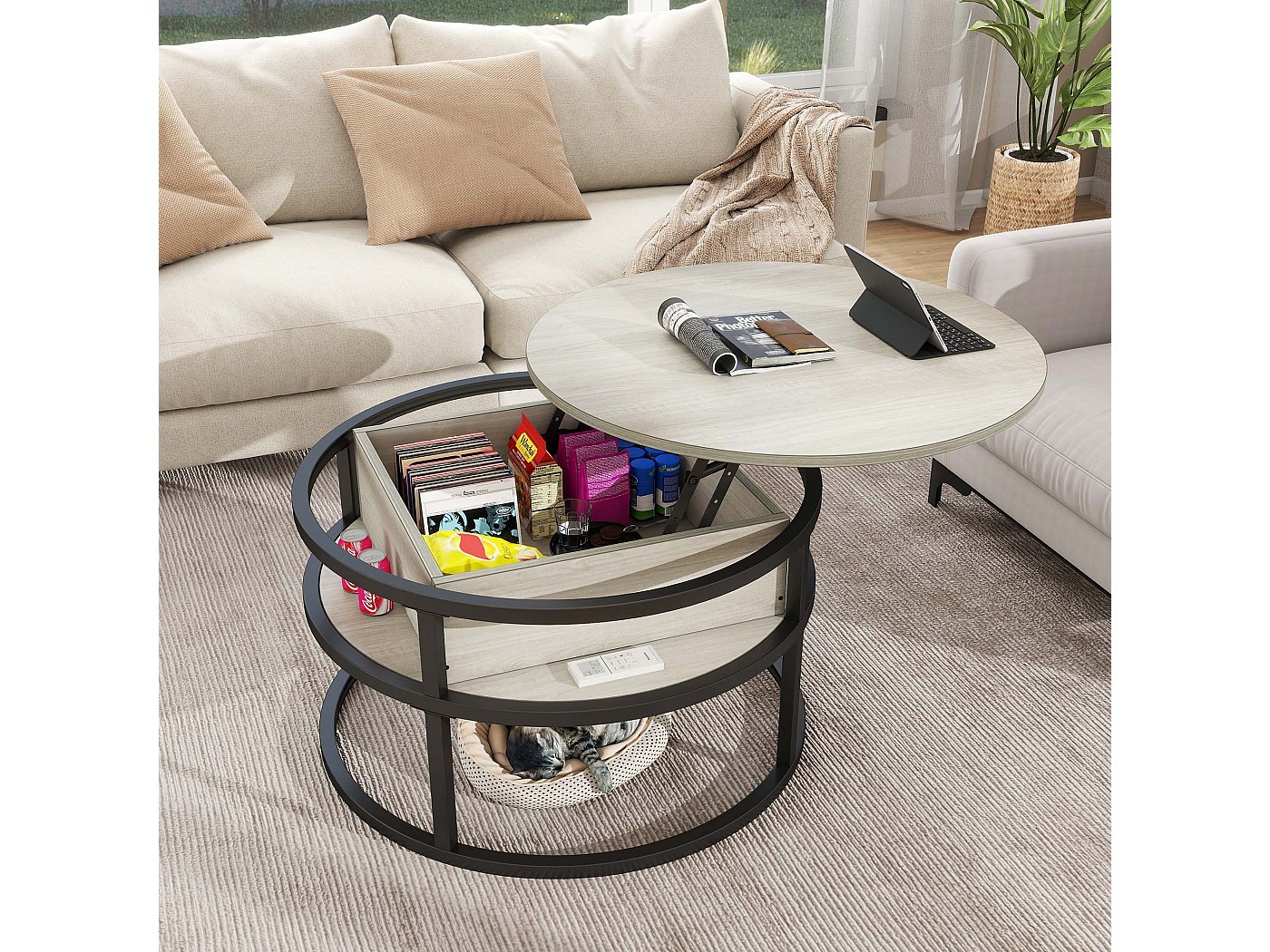 YITAHOME Table Basse Ronde - Plateau Relevable - Chêne Blanc - 80x80x47cm