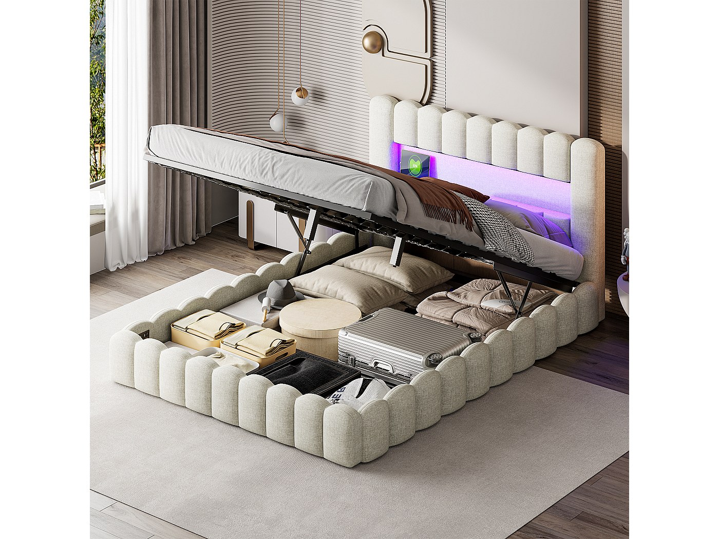 Lit double 180x200cm, chargement USB, avec lumière LED, coffre de lit ...