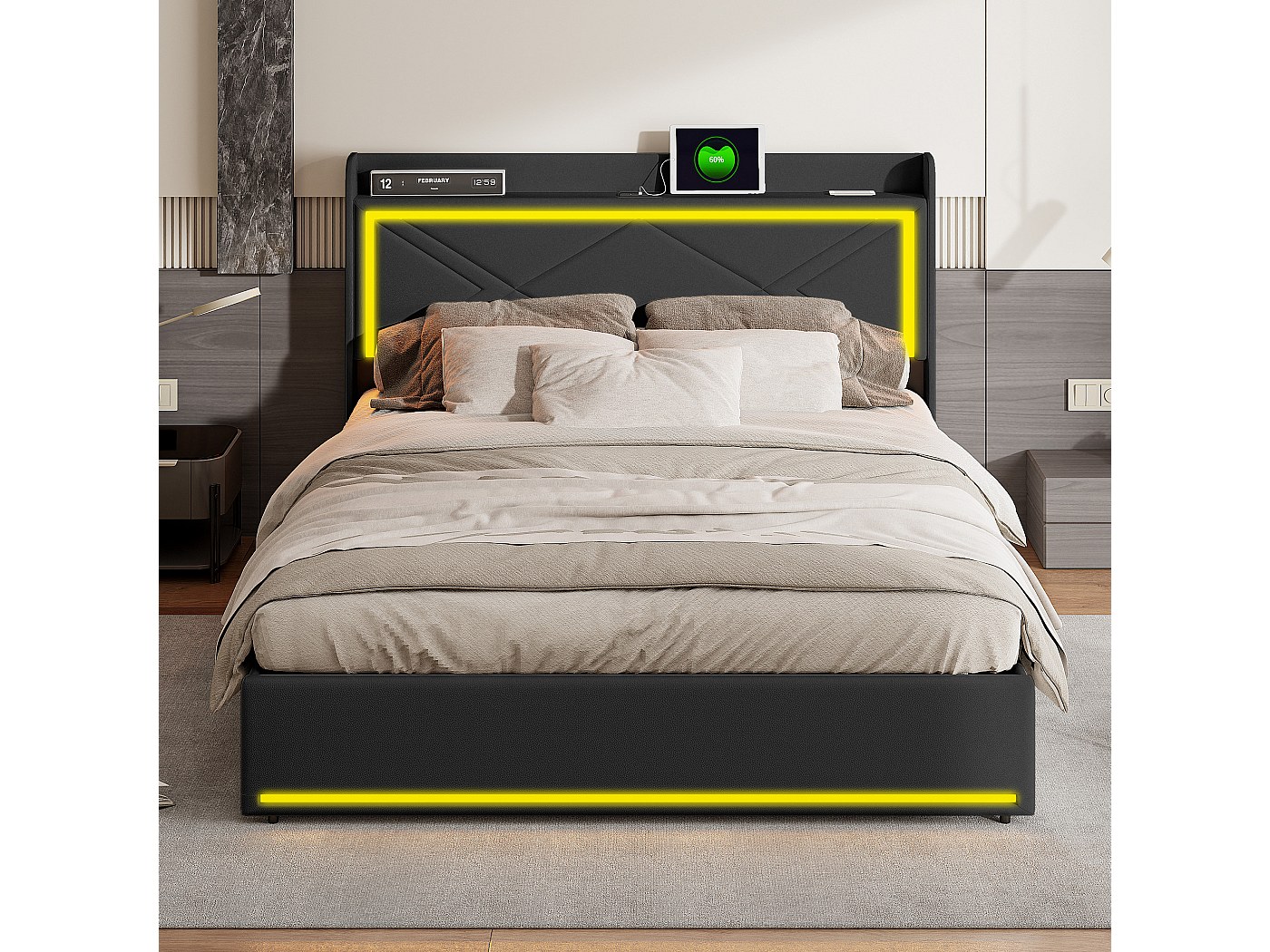 Cama con canapé, 160*200cm, con protectores de cabecera, color negro, PU