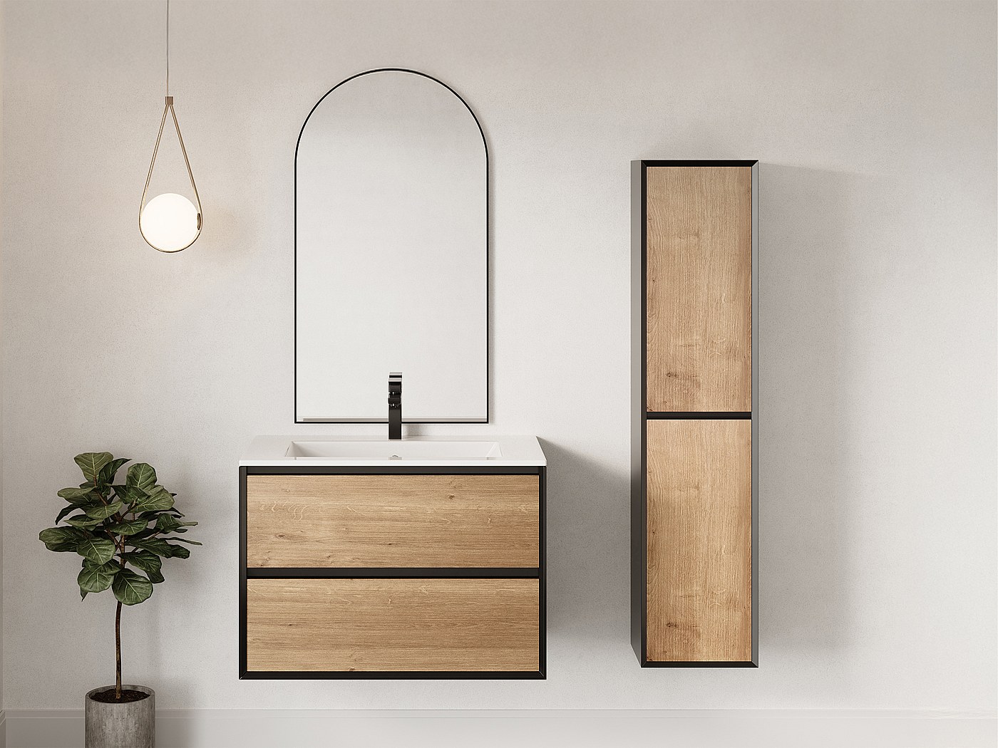 Meuble simple vasque à encastrer avec colonne, naturel et noir, 80 cm ...