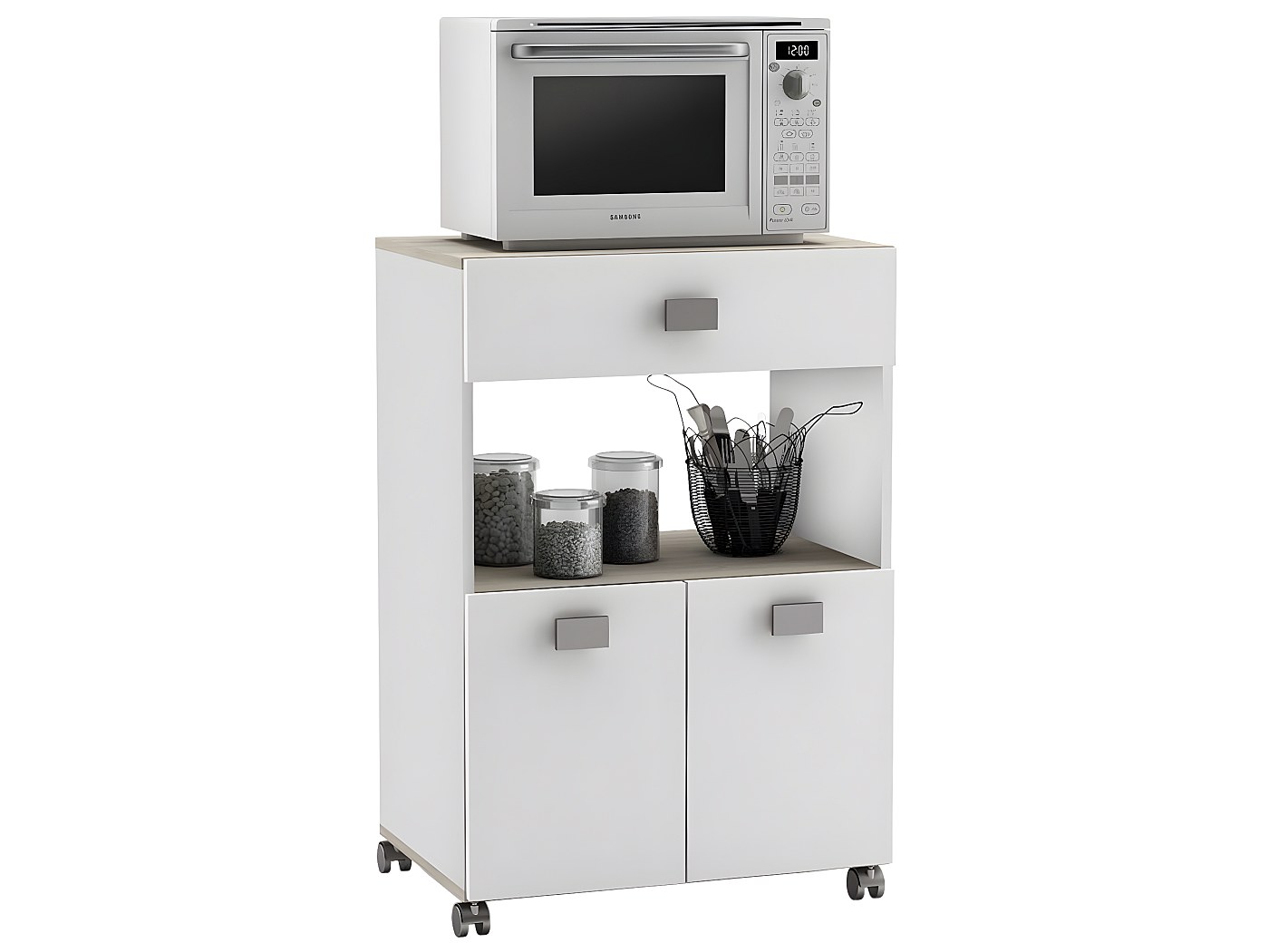 Meuble de cuisine / Desserte pour micro-ondes en Acacia/blanc mat - 59 ...