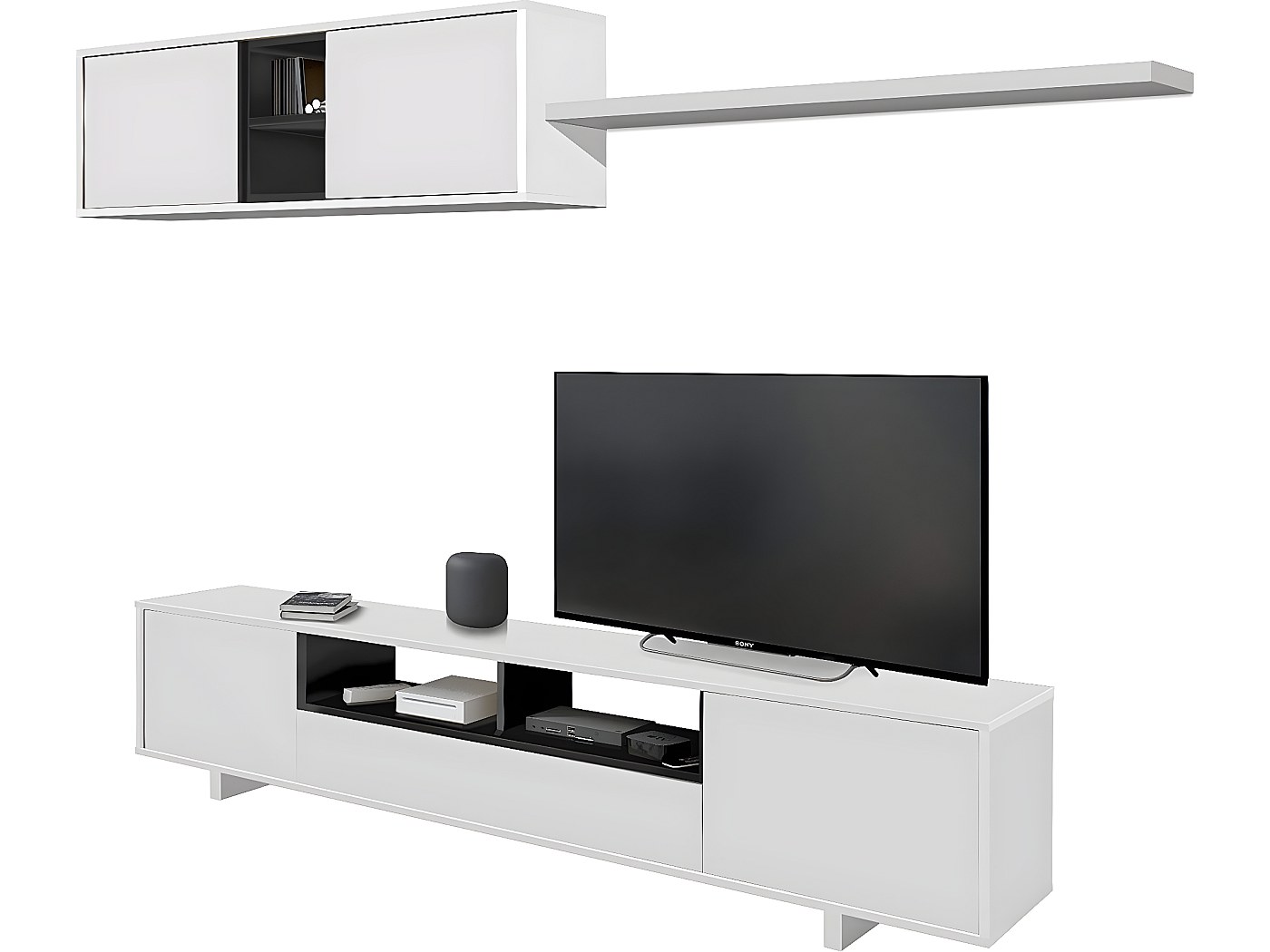 Meuble TV avec 3 portes et 1 Niche de rangement coloris blanc brillant ...