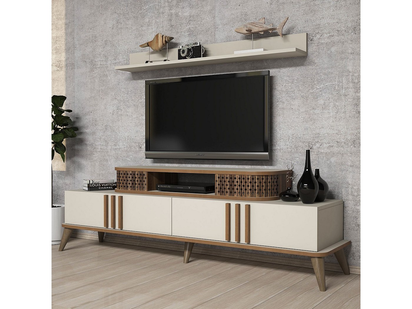 Meuble TV avec étagère murale Chanez Blanc crème et Bois foncé