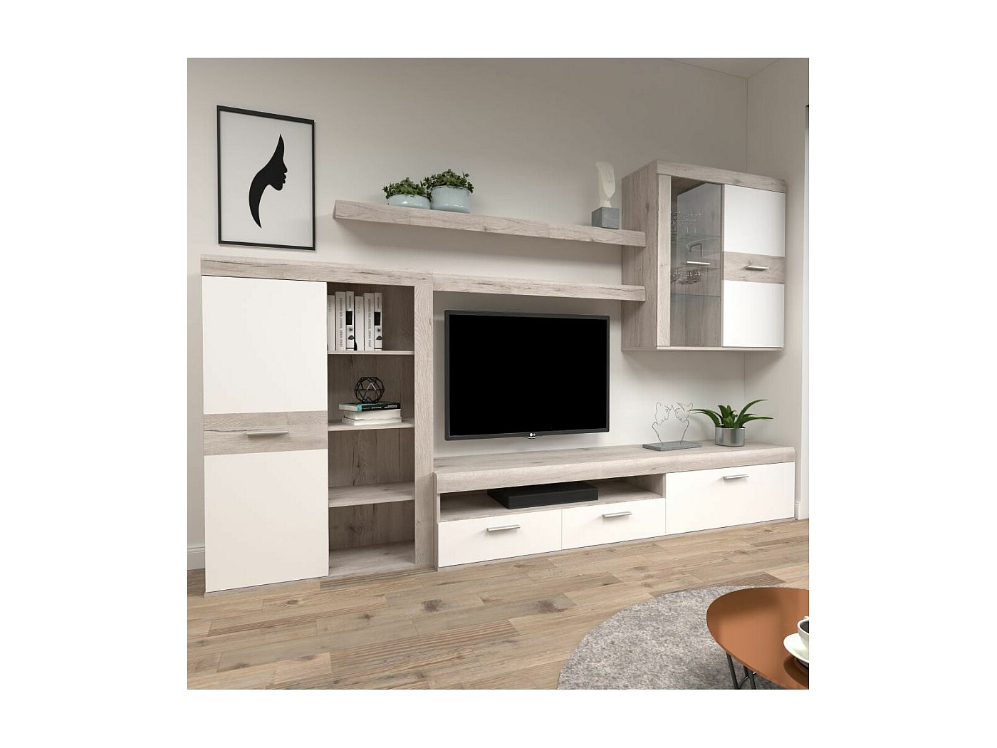 Mueble de salón de 201x300x41 cm de 4 módulos con 2 cajones y puerta en ...