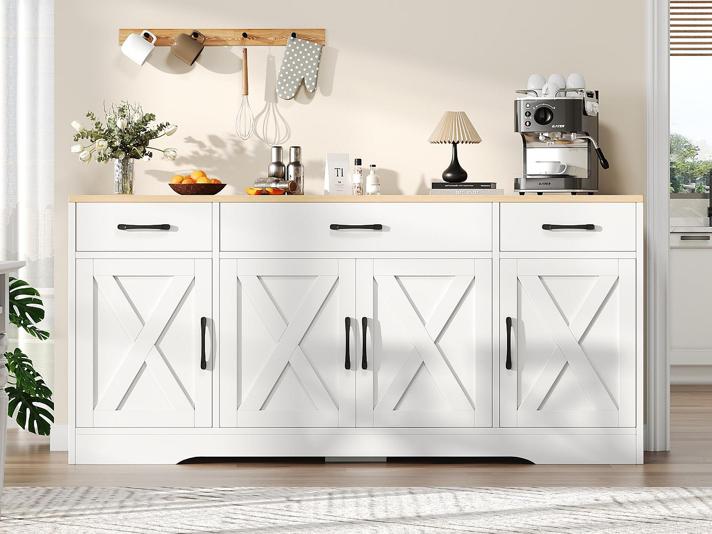 Buffet moderno 160x37x75 cm - com 3 gavetas - com 4 portas - branco