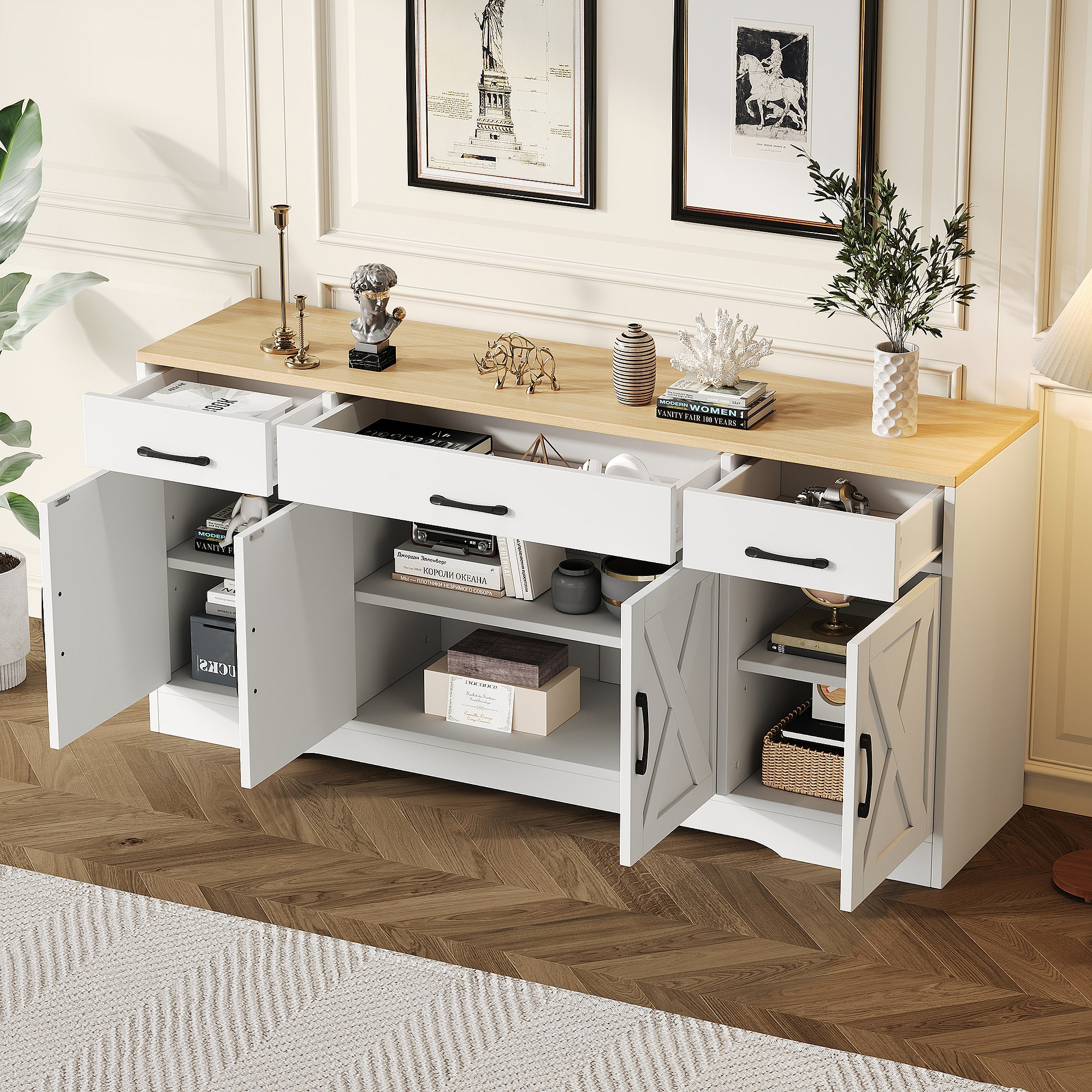 Buffet moderno 160x37x75 cm - com 3 gavetas - com 4 portas - branco