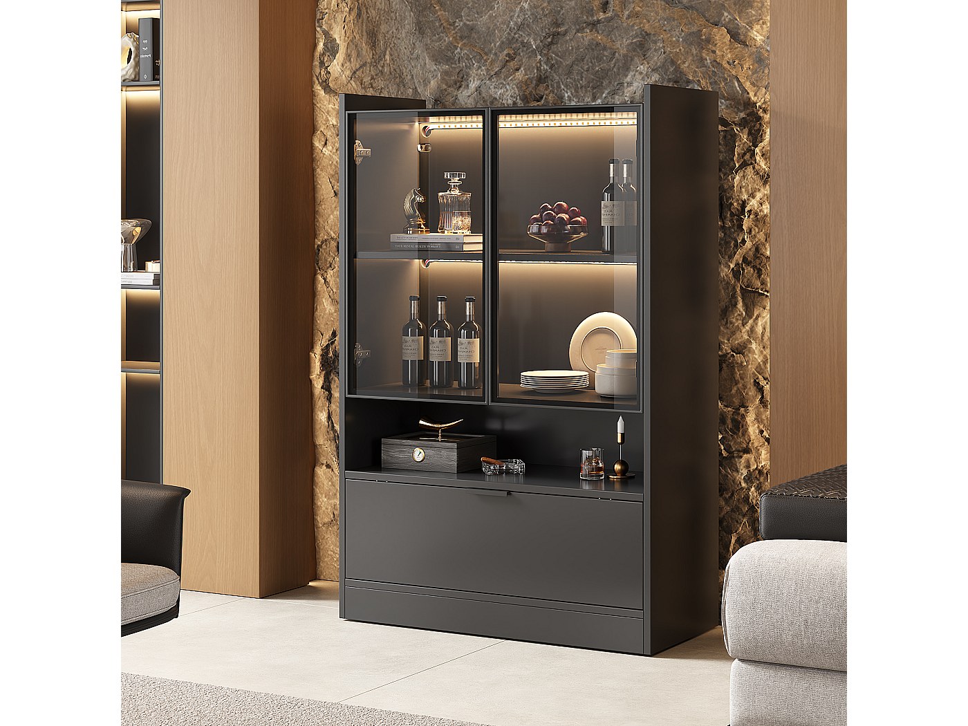 Vitrine LED moderna 80x120x35 cm - com iluminação LED 16 cores - com 2 ...