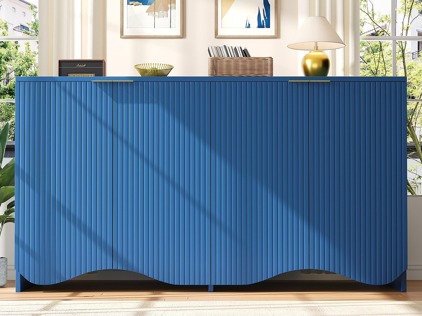 Buffet moderne - 4 portes, rayures verticales - MDF - Bleu