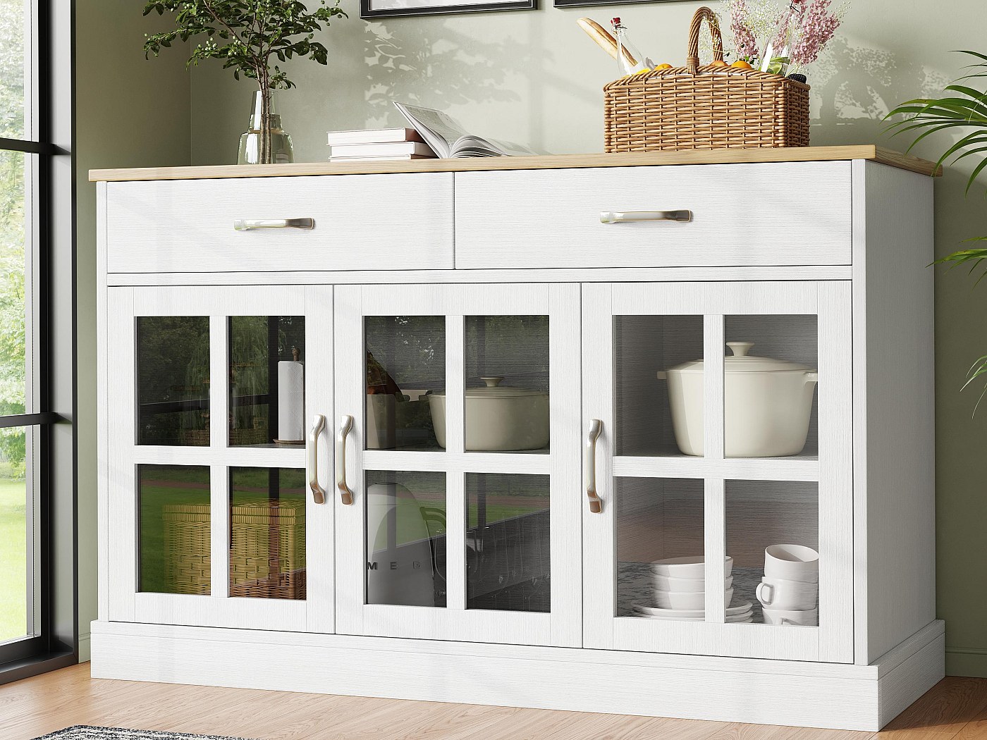 Nowoczesny bufet - 2 szuflady, 3 drzwi - MDF - Biały