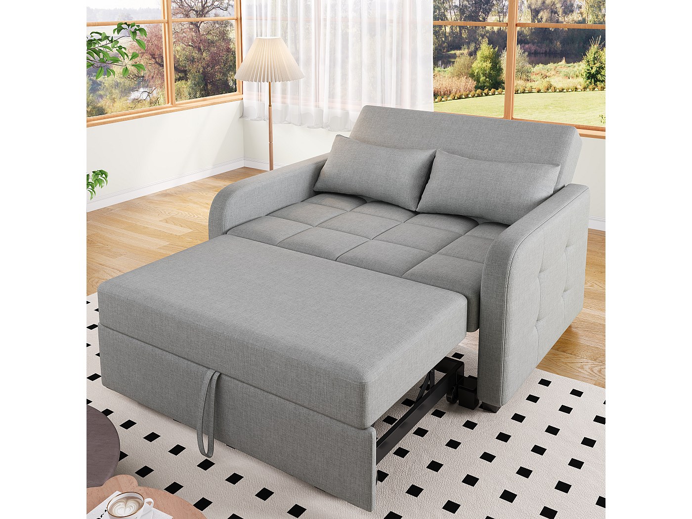 Sofá cama plegable de 2 plazas en tejido de lino - 127 x 75 x 94 cm - con función de descanso - Gris