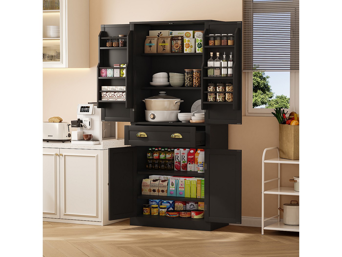 Keuken dressoir met 4 deuren en 1 lade - 80 x 40 x 182 cm - verstelbare ...