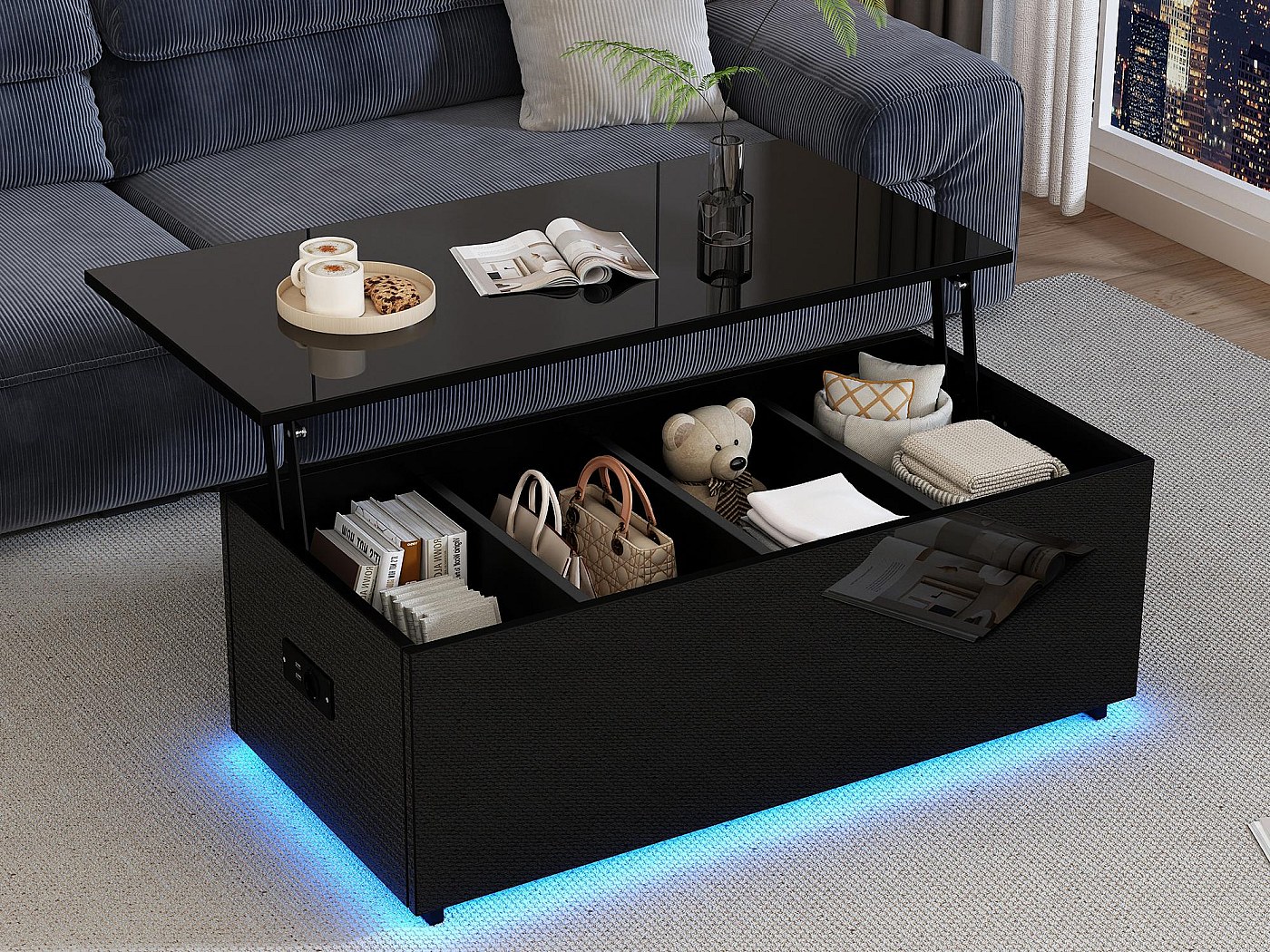Table basse moderne 100x50x35 cm - avec éclairage LED - rangement caché ...