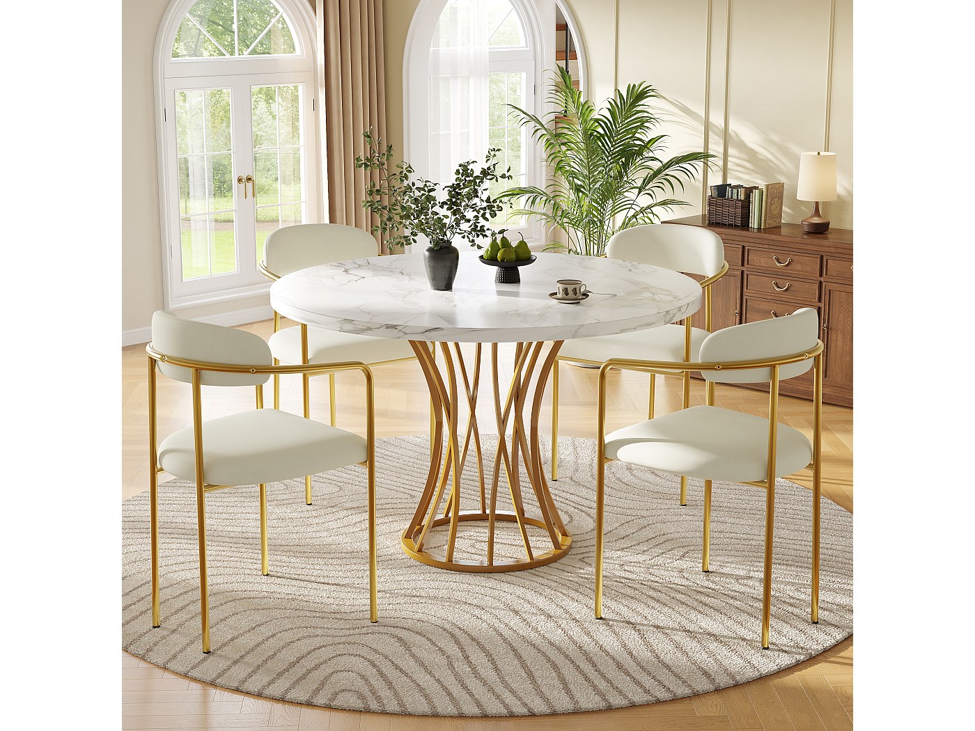 Ensemble table à manger ronde + 4 chaises en velours - D 80 x H 76 cm ...