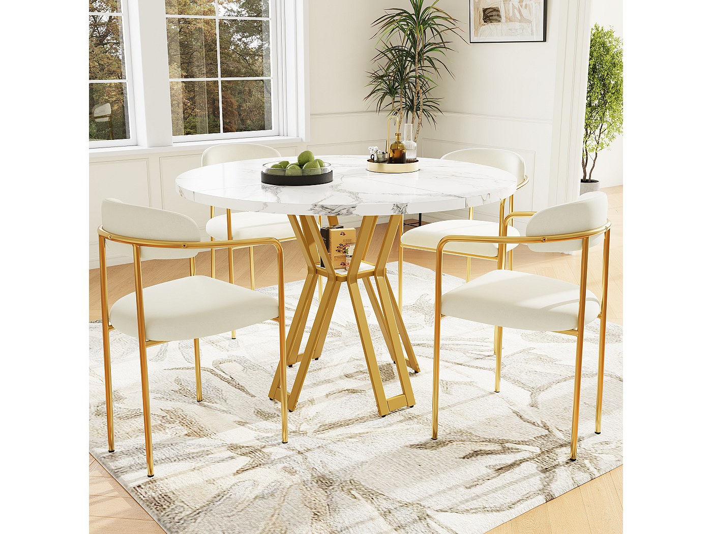 Ensemble table à manger ronde + 4 chaises en velours - D 100 x H 76 cm ...