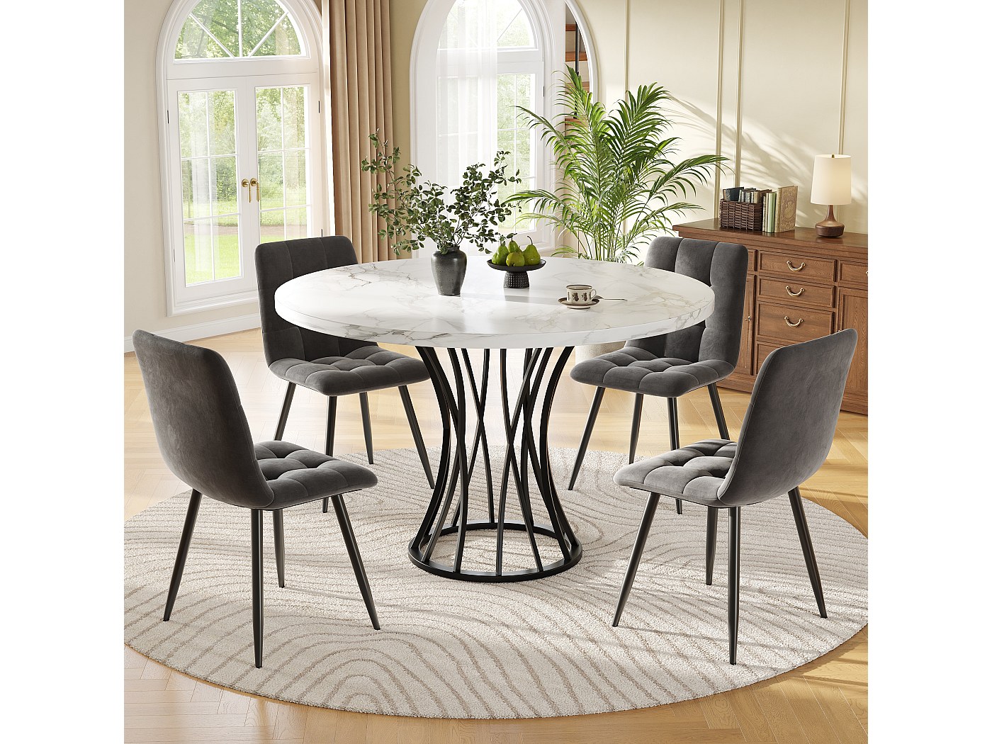 Ensemble table à manger ronde + 4 chaises en velours - D 80 x H 76 cm ...