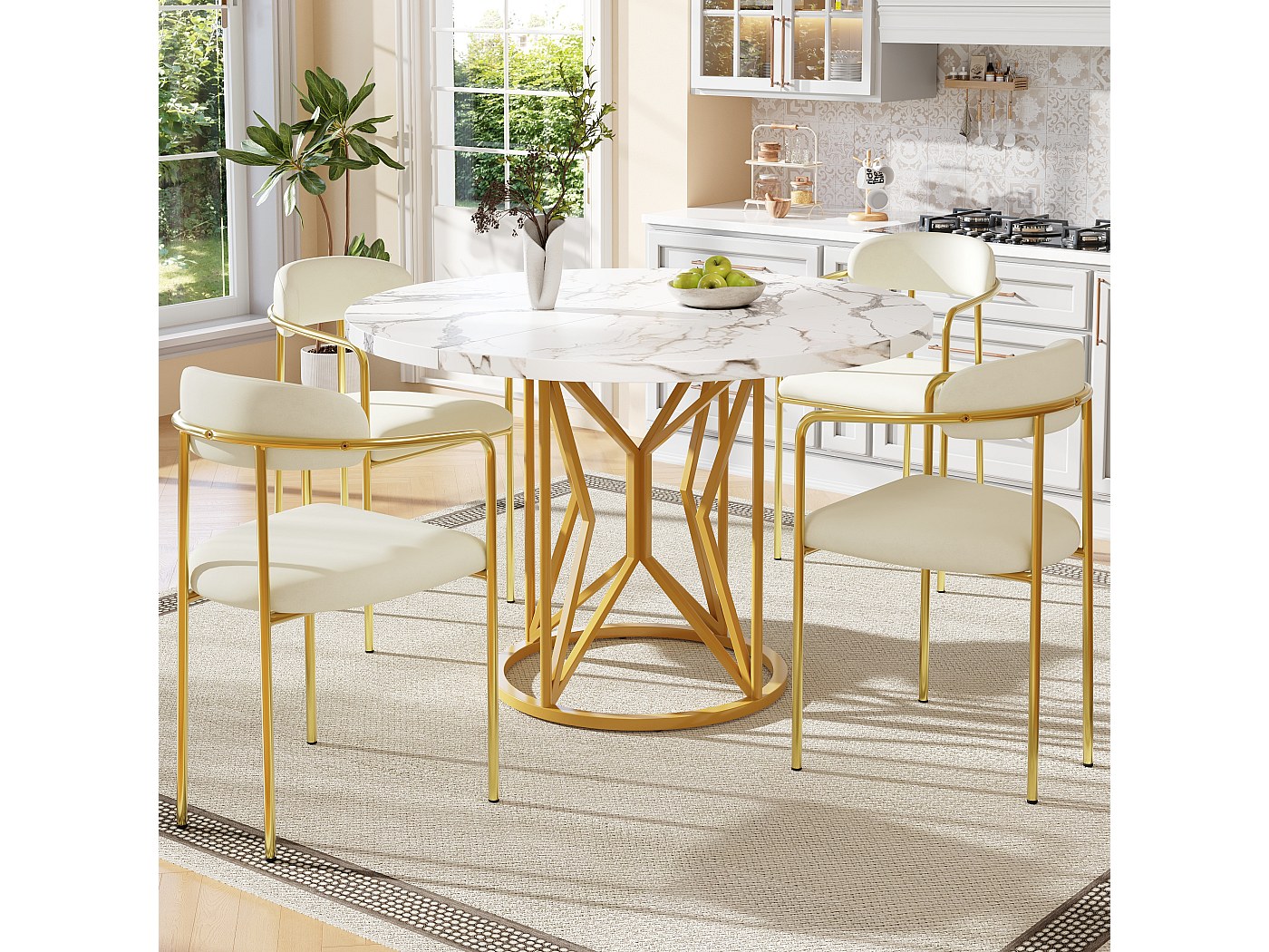 Ensemble table à manger ronde + 4 chaises en velours - D 100 x H 76 cm ...