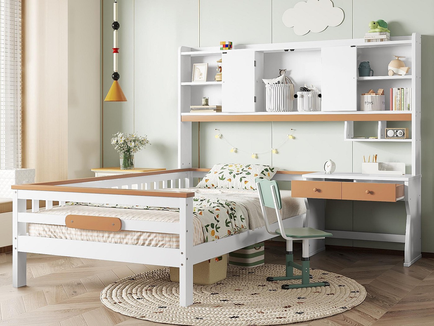 Lit enfant 90x200 cm en bois massif - avec tiroirs, étagère et bureau ...