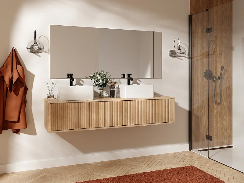 Mobile sotto lavabo sospeso striato - Beige chiaro - 150 cm - ARNEGA