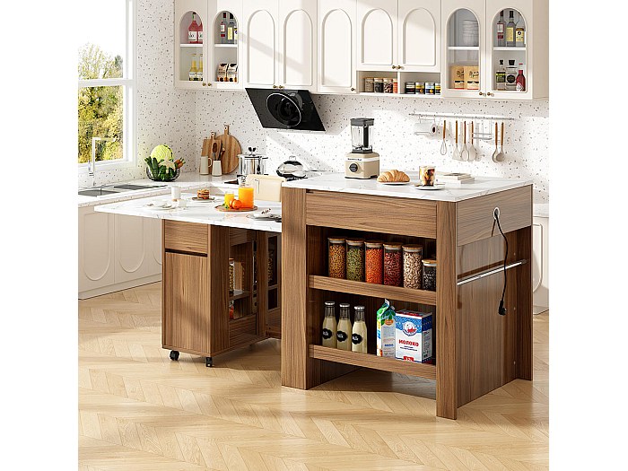 Table de bar extensible 110-124cm îlot cuisine 2 tiroirs 2 étagères ...