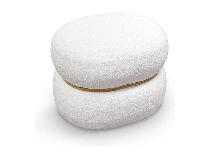 Ovale poef in witte wol-effect stof en houten ring - BOSTON