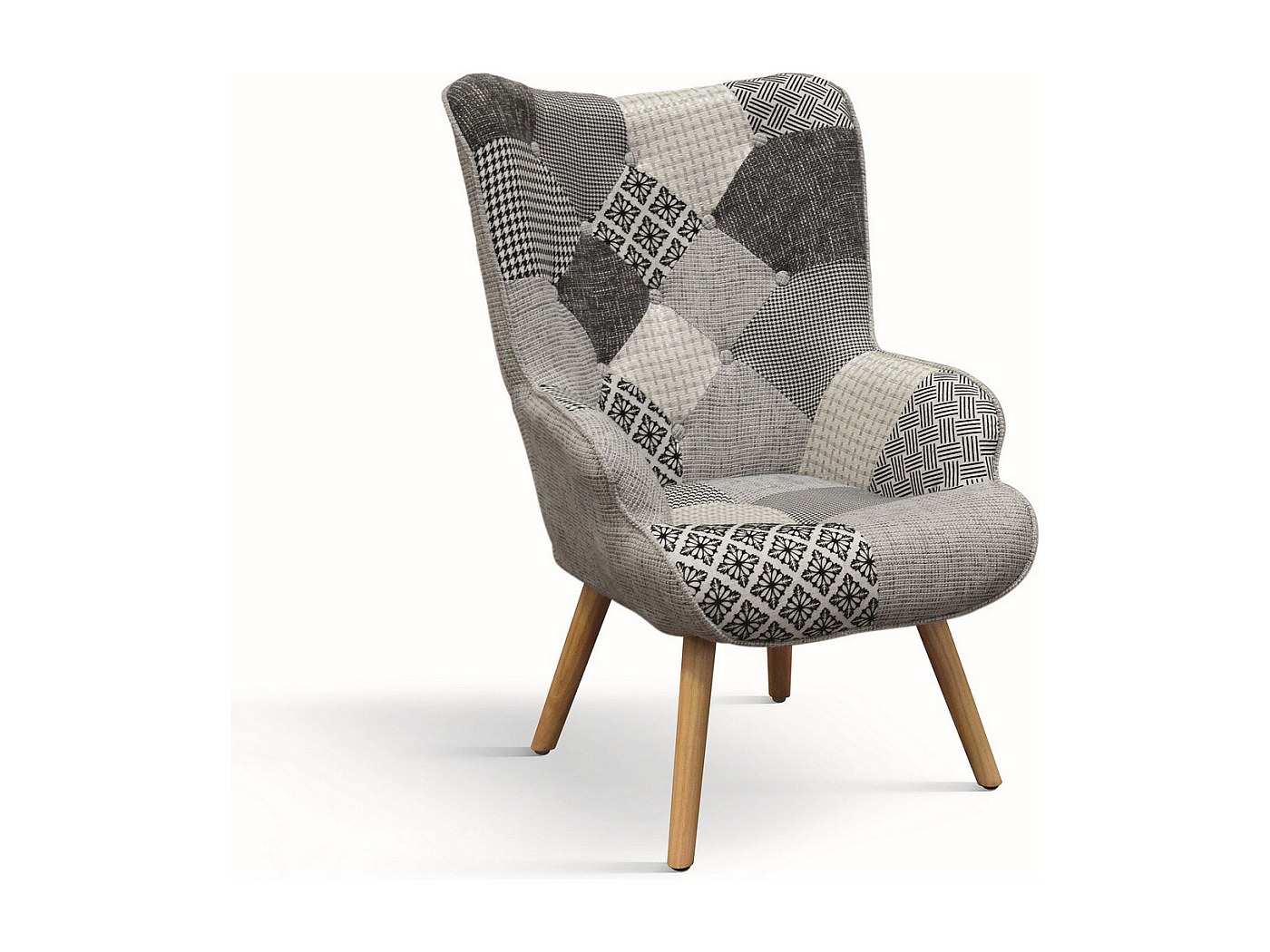 Fauteuil en tissu patchwork gris avec pieds en bois - HAVANA