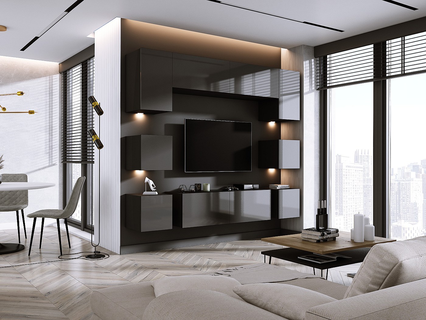 Conjunto de mueble de TV de pared, mueble de pared, negro mate/gris ...