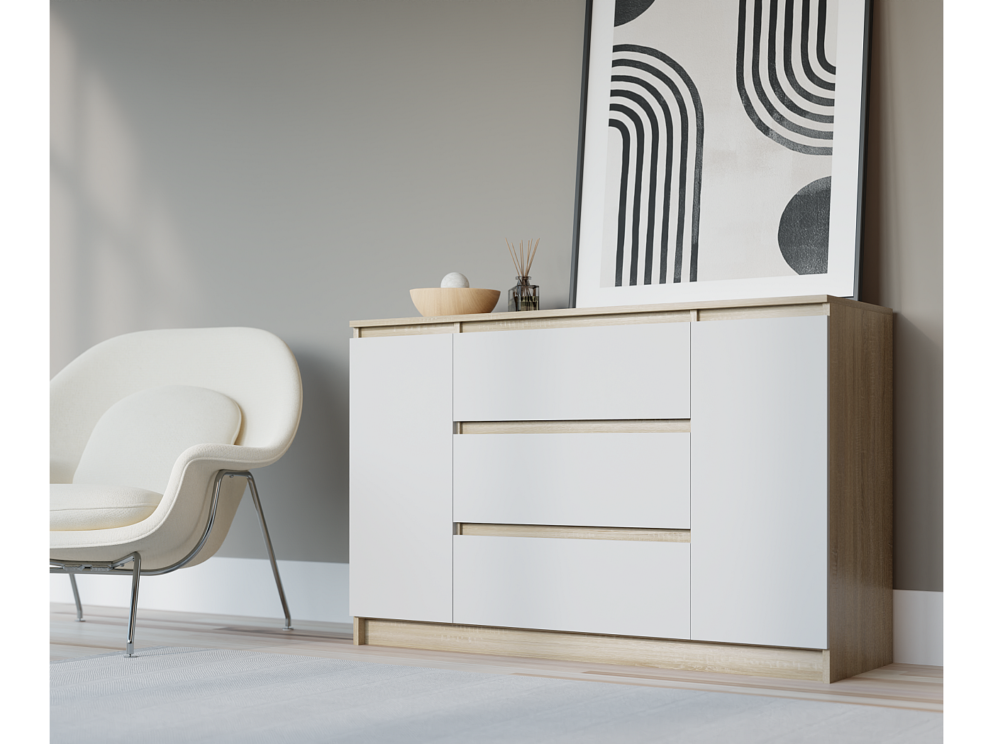 Commode : Chêne Sonoma / Blanc Mat, 120 x 39 x 78 cm, 2 portes, 3 tiroirs