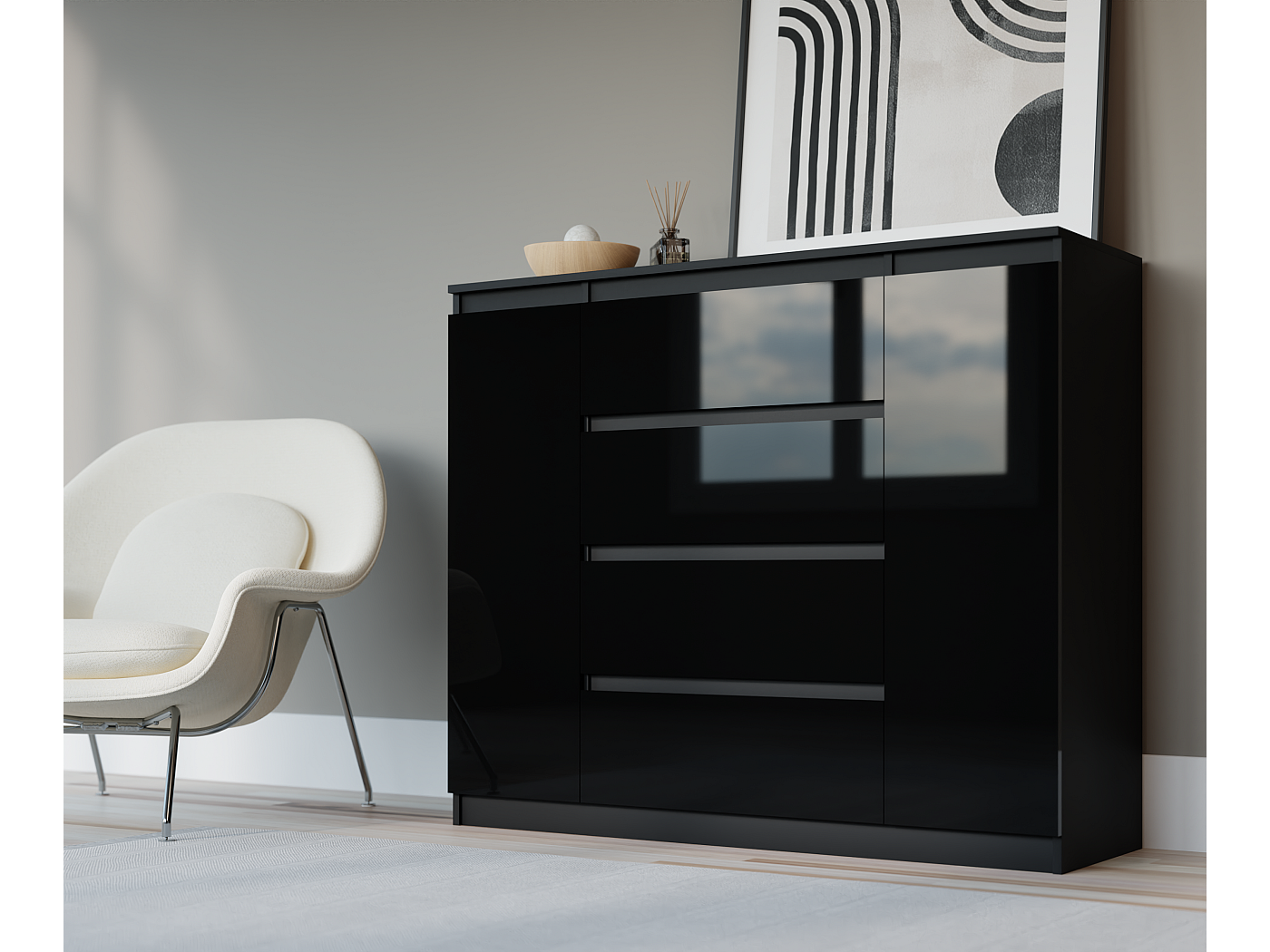 Commode : Noir Mat / Noir Brillant, 120 x 39 x 101 cm, 2 Portes, 4 Tiroirs