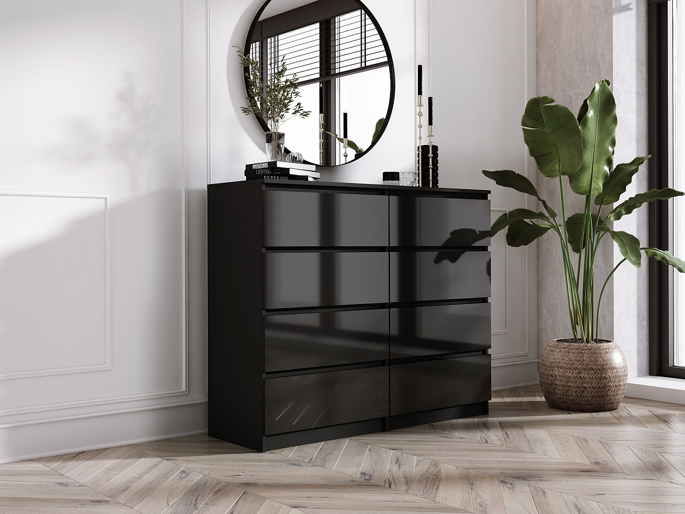 Commode 8 Tiroirs, Noir Mat / Noir Brillant, 120 x 39 x 101 cm