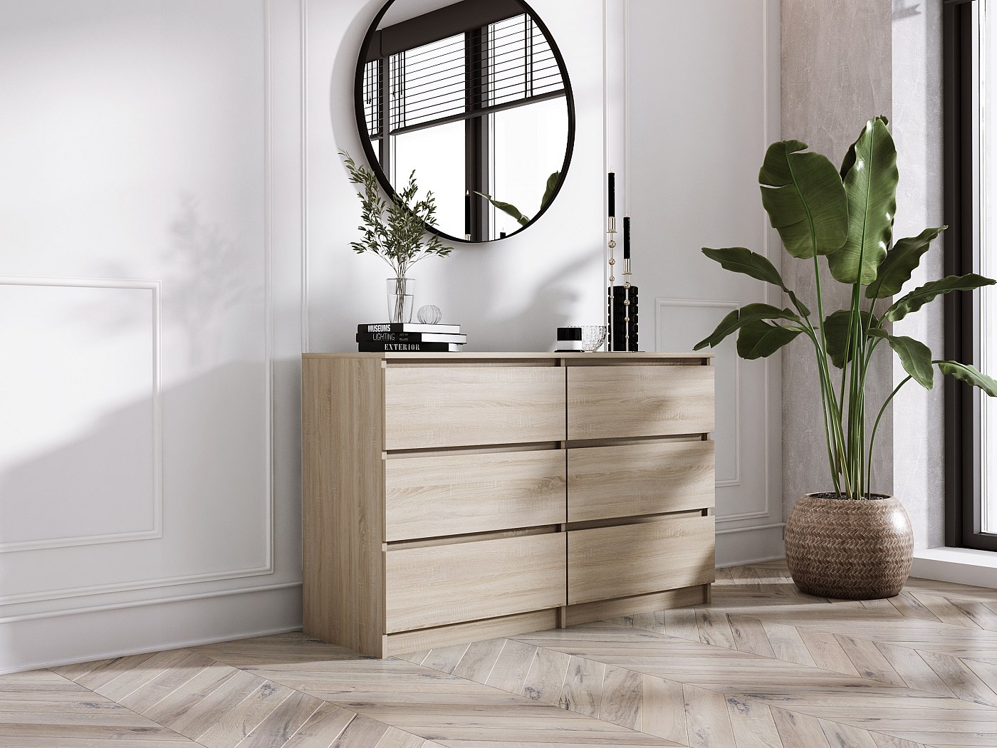 Cómoda de 6 cajones: roble Sonoma, 138 x 39 x 79 cm