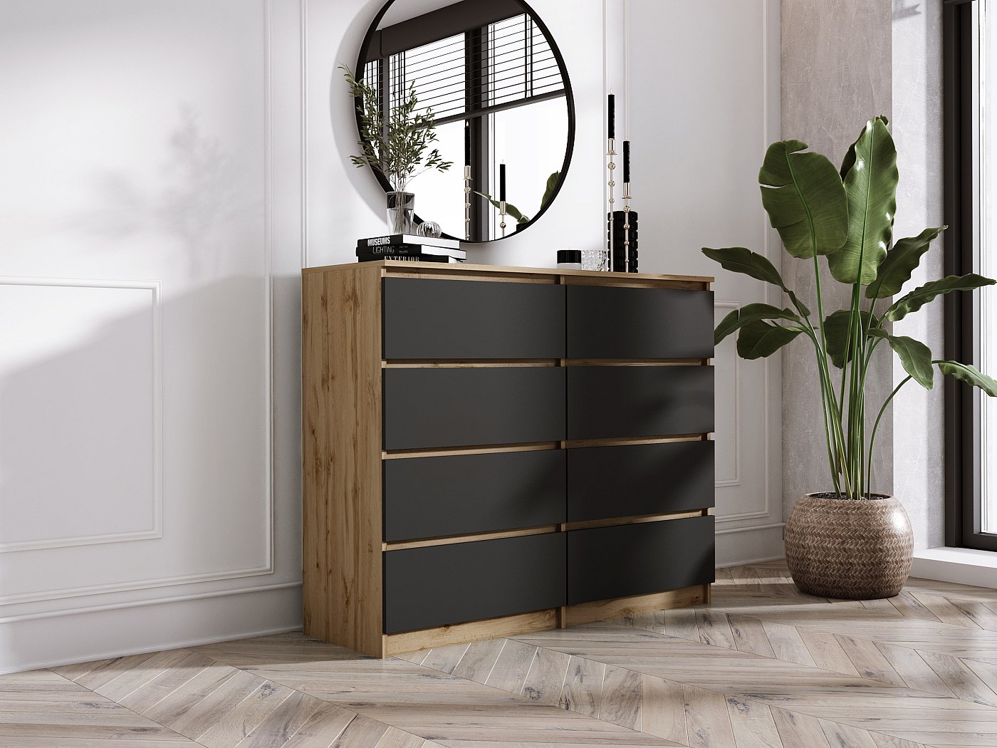 Commode 8 Tiroirs : Chêne Wotan / Noir, 120 x 101 x 39 cm