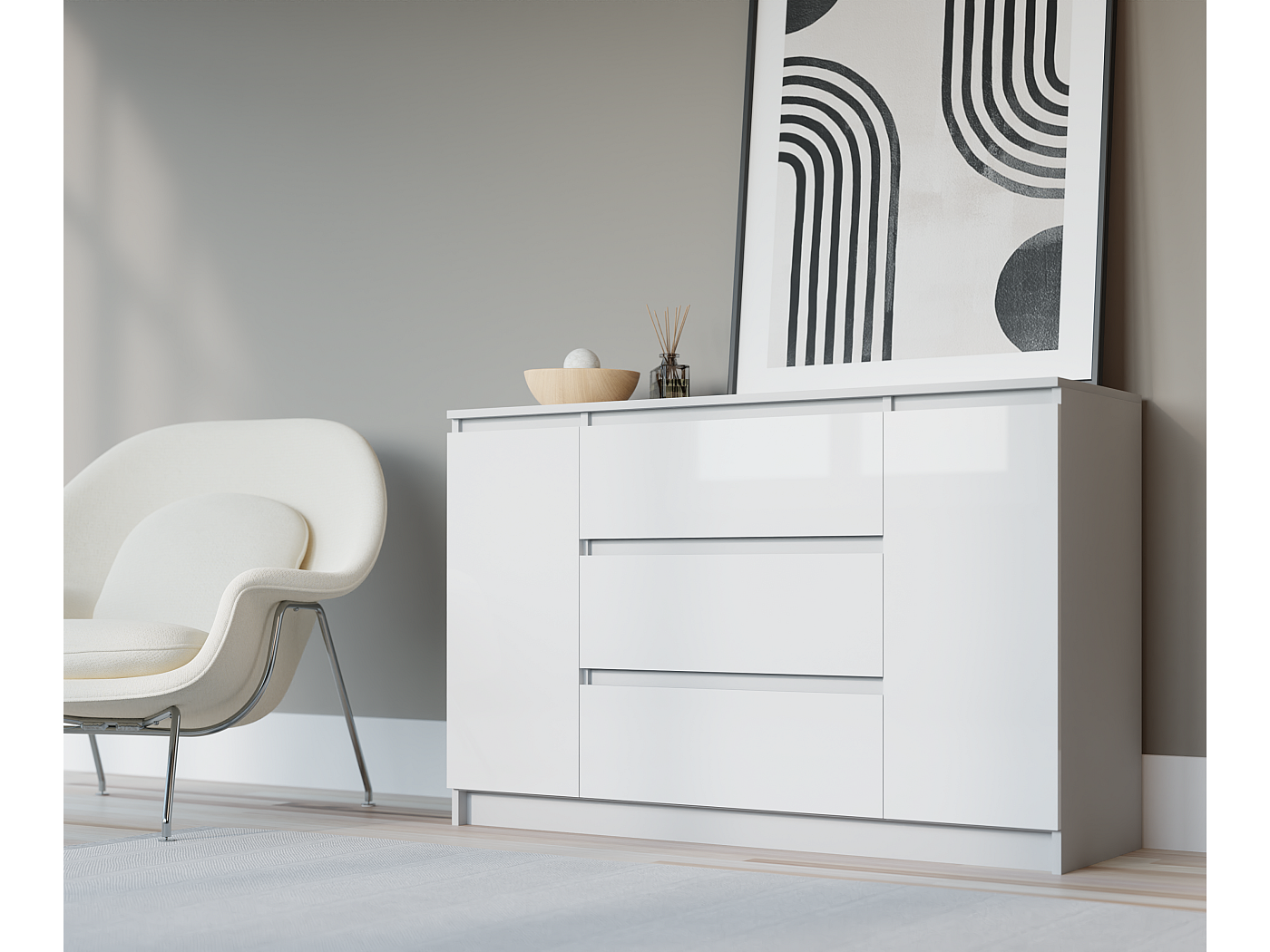 Cômoda: Branco Mate / Branco Brilhante, 120 x 39 x 78 cm, 2 portas, 3 ...