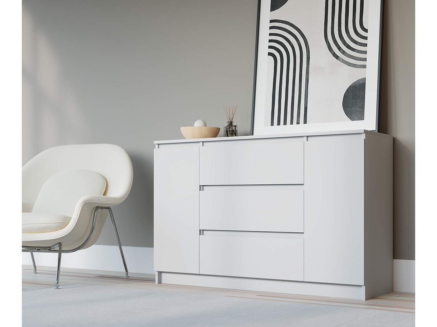 Commode : Blanc Mat, 120 x 39 x 78 cm, 2 portes, 3 tiroirs