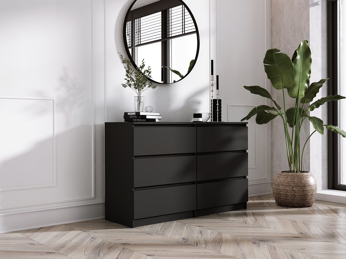 Commode 6 Tiroirs : Noir Mat, 120 x 39 x 79 cm