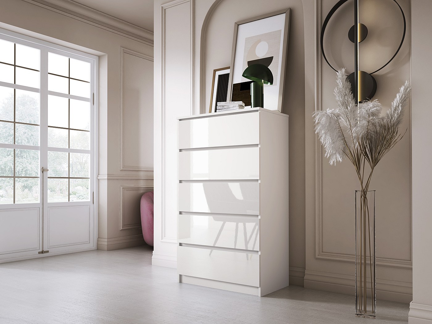 Cómoda com 5 gavetas: Branco Mate / Branco Brilhante, 70 x 39 x 125 cm