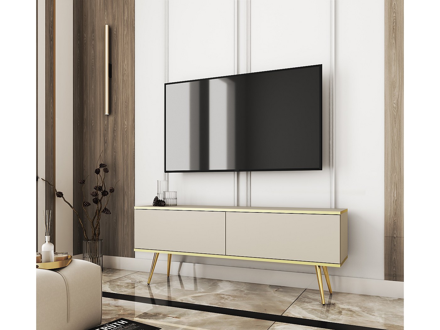 Meuble TV, Beige, pieds Or, 135 x 30 x 52 cm, Push to Open