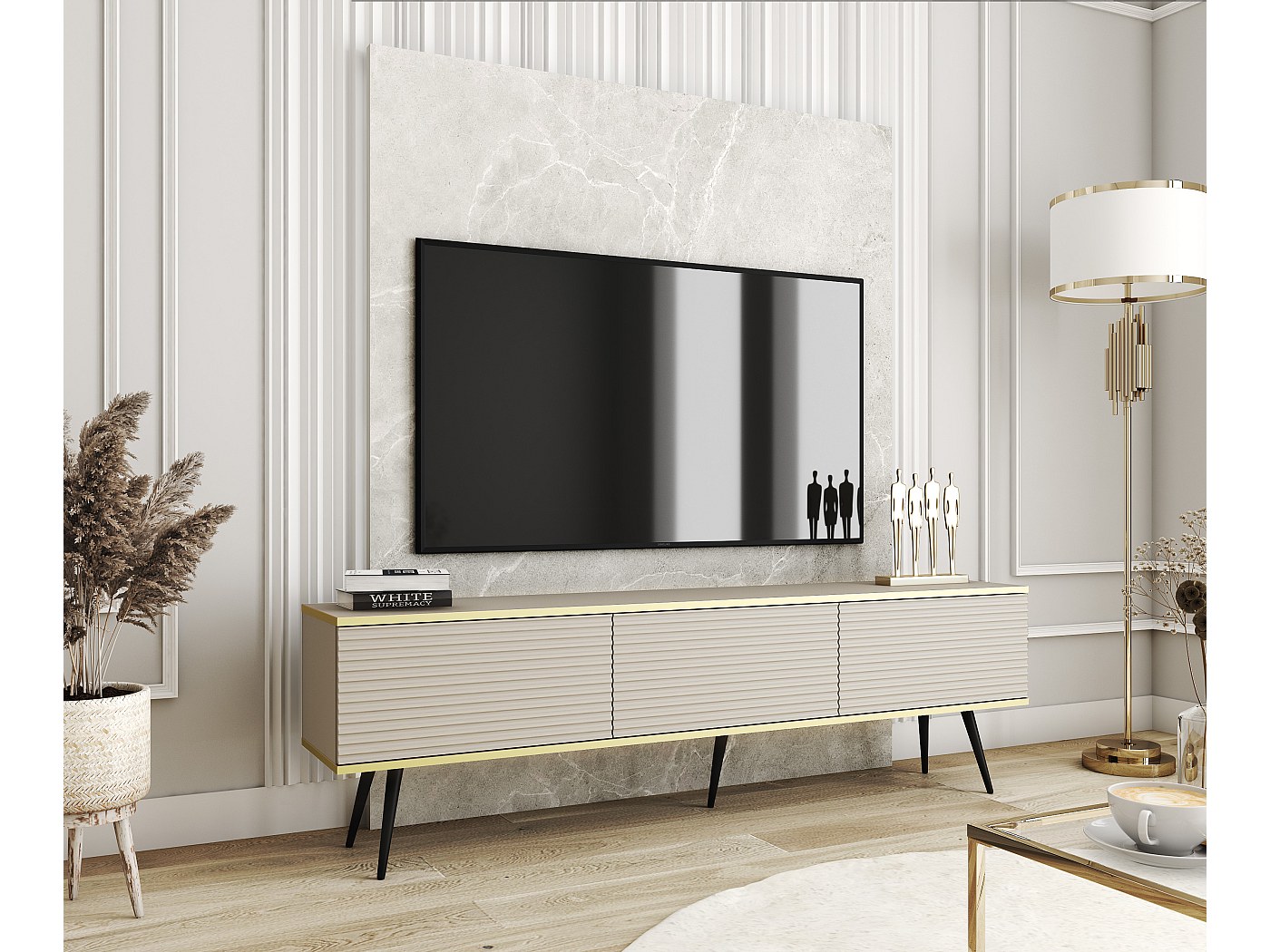 TV-meubel met beige latten, gouden poten, 175 x 30 x 52 cm, Push to Open