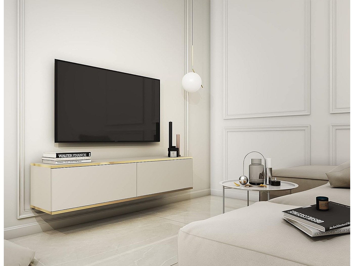 Meuble TV, Beige, 135 x 30 x 32 cm, Push to Open