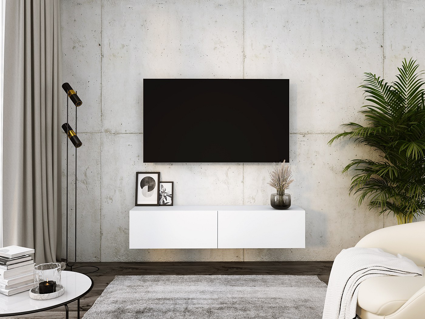 Meuble TV Suspendu, 140 x 34 x 32 cm, Blanc
