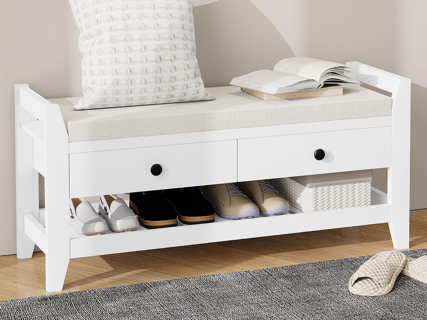 Mueble para zapatos - con asiento - con 2 cajones - con estanterías ...