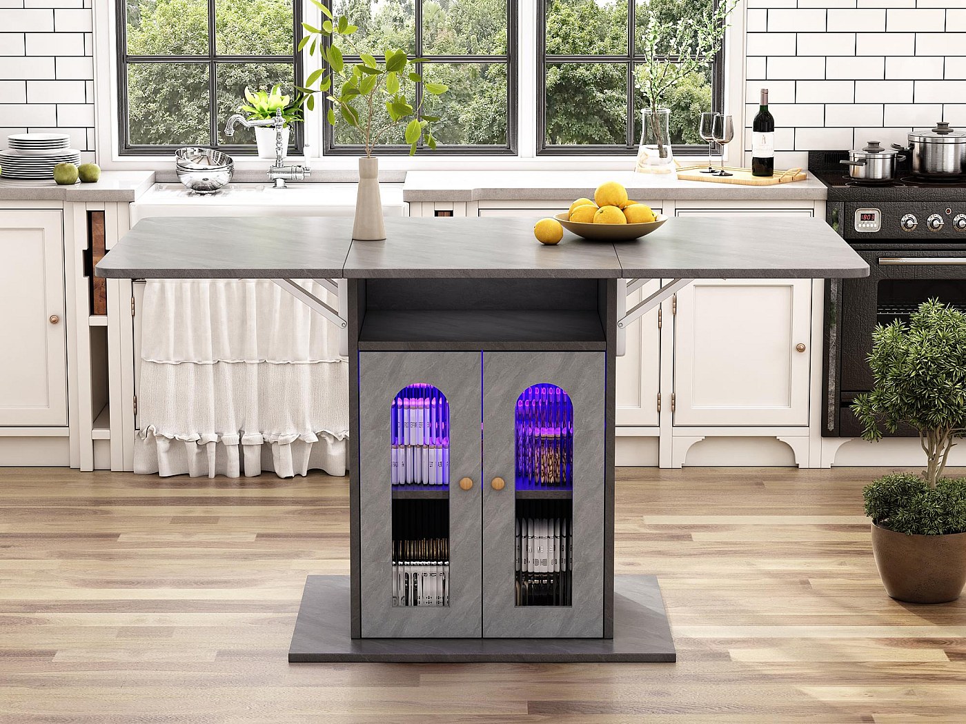 Table à manger escamotable - avec LED - en MDF - avec rangements - Gris