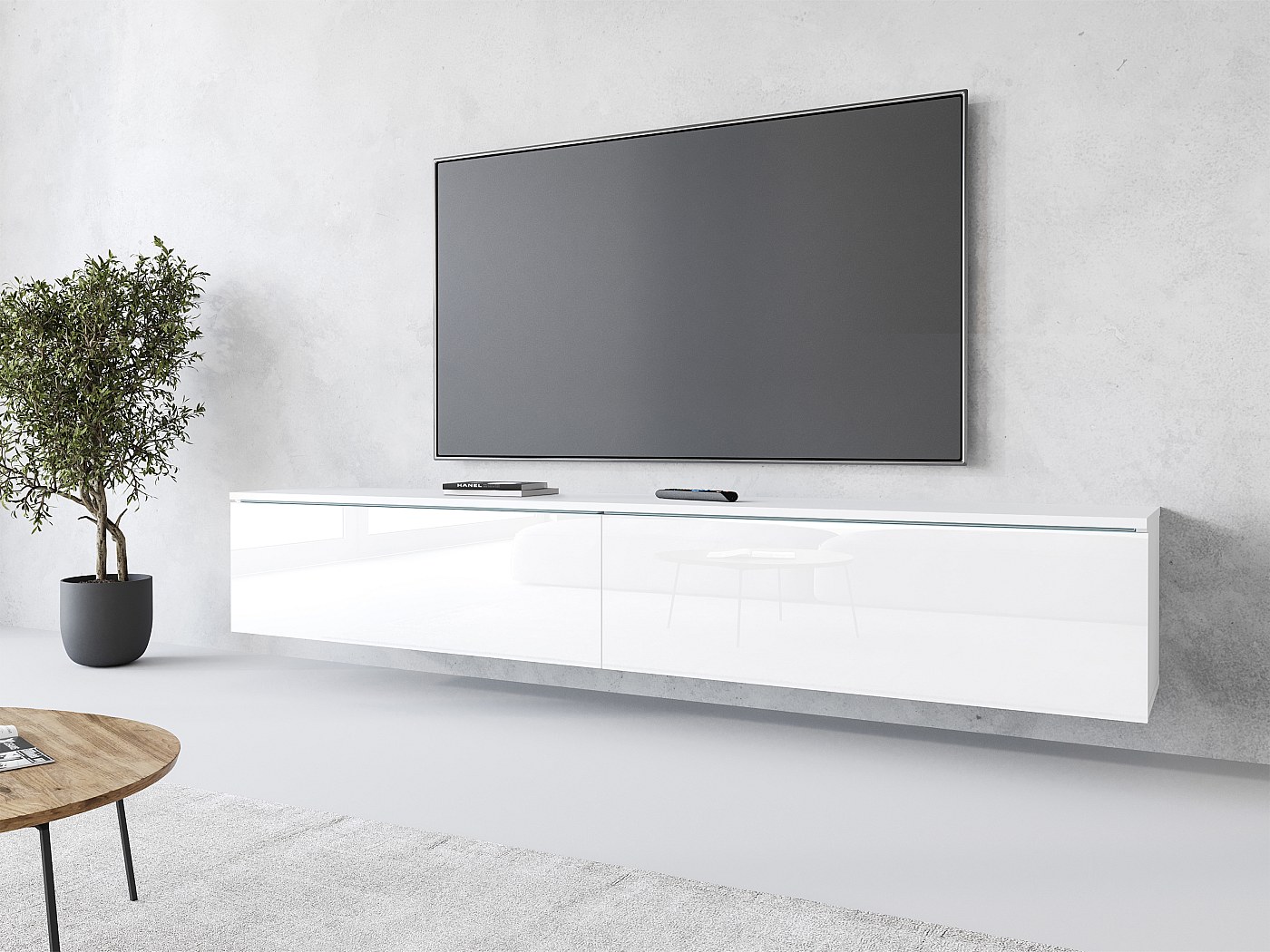Lowboard 180 blanc brillant meuble TV suspendu TV