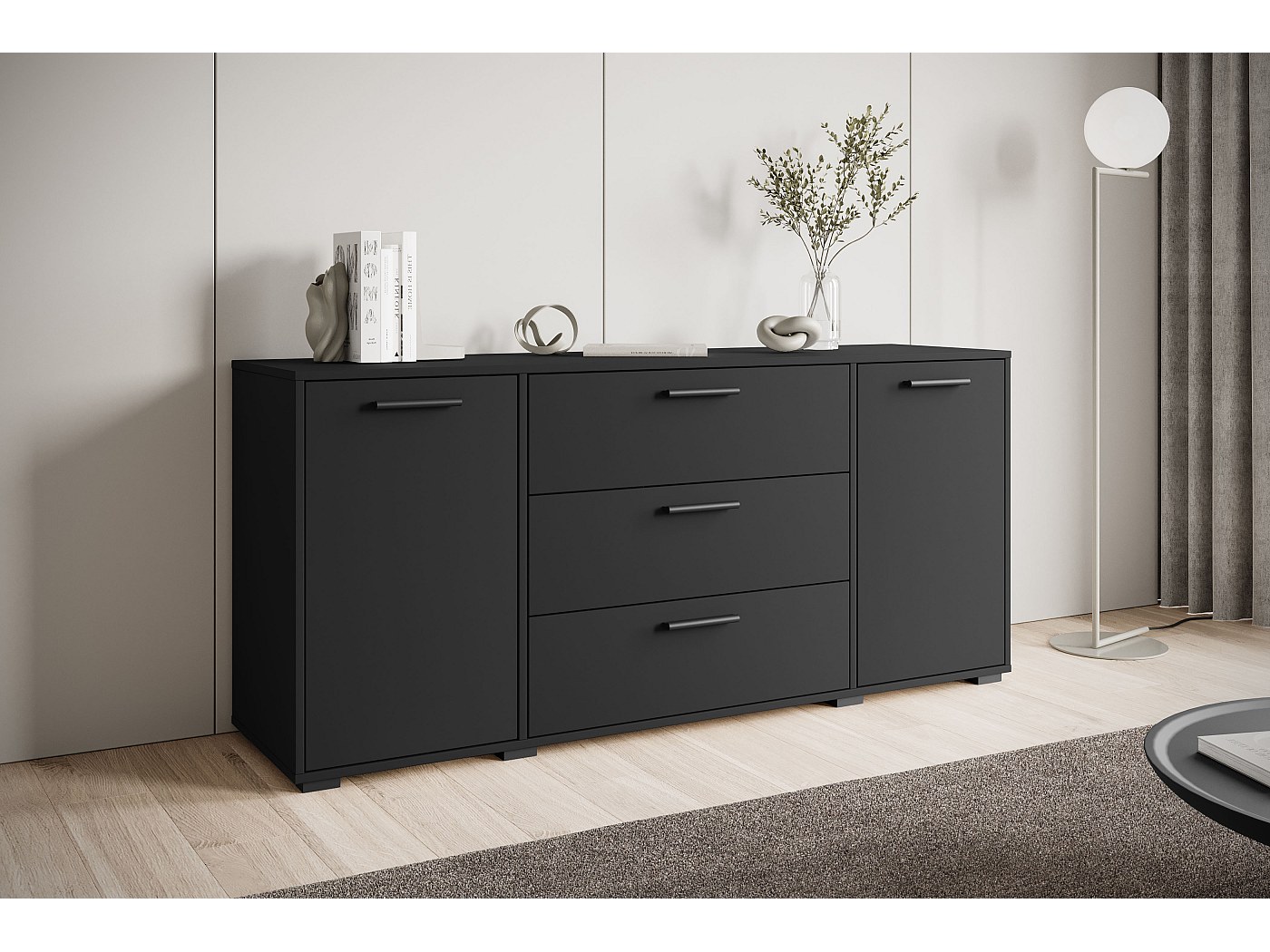 Commode spacieuse 150 cm tiroirs, armoire noir graphite