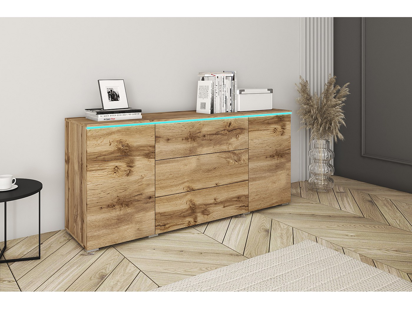 Commode spacieuse 150 cm – tiroirs et étagères, Chêne Wotan