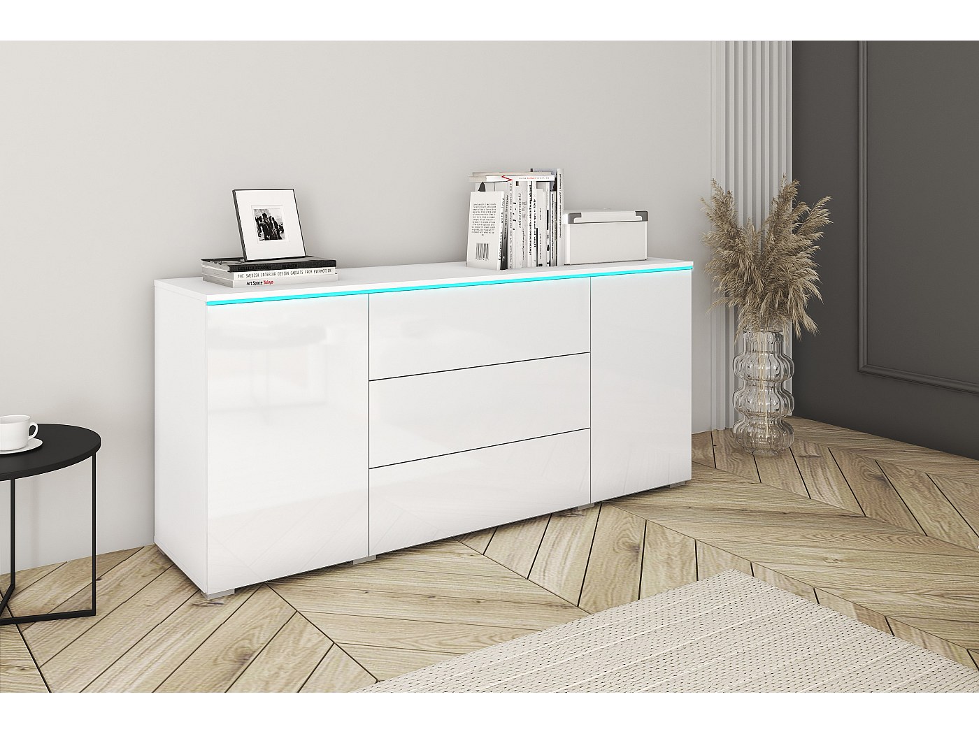Commode spacieuse 150 cm – tiroirs et étagères, Blanc
