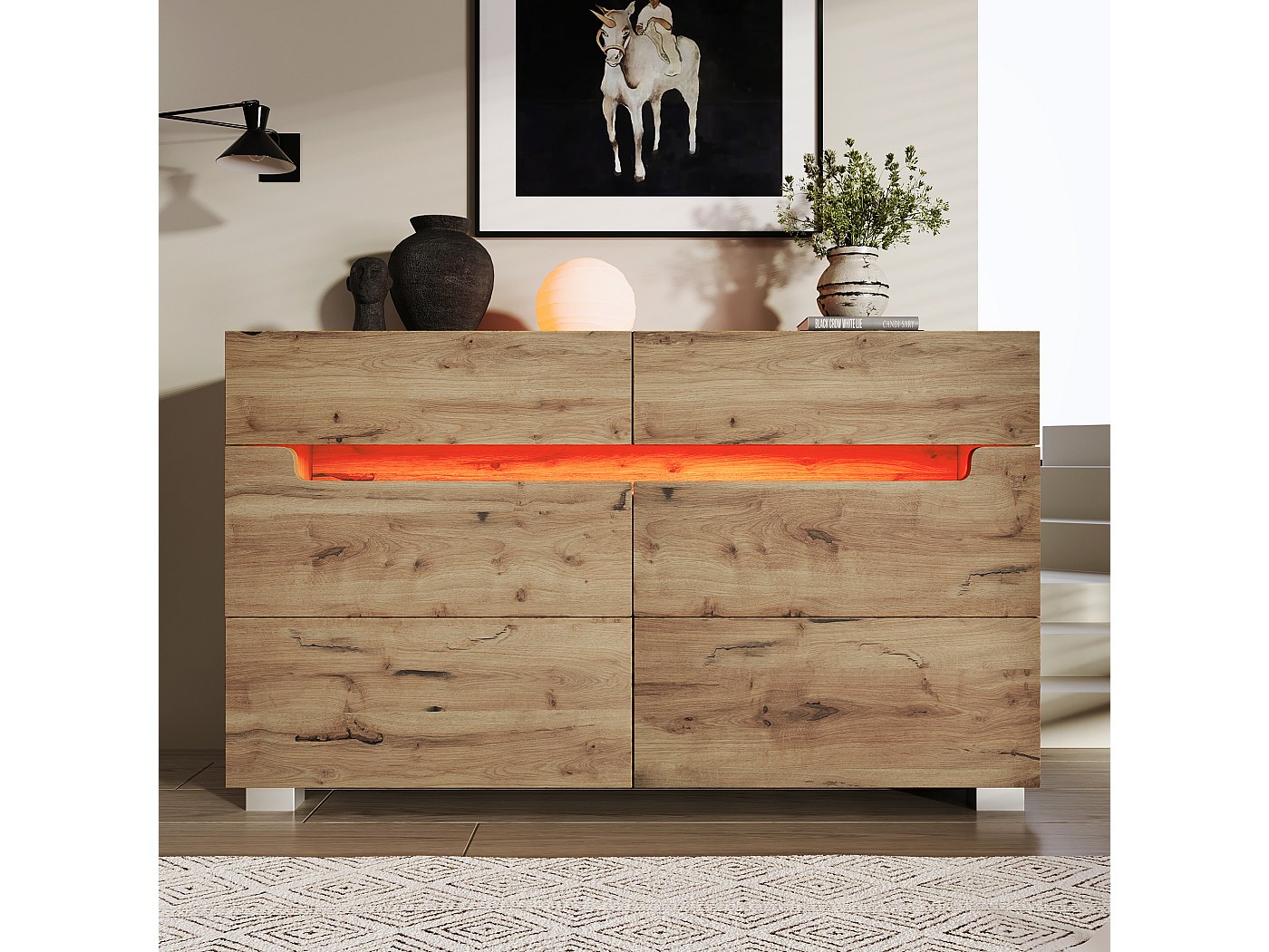 Buffet, buffet en bois avec 6 tiroirs, éclairage LED (commandé par l ...