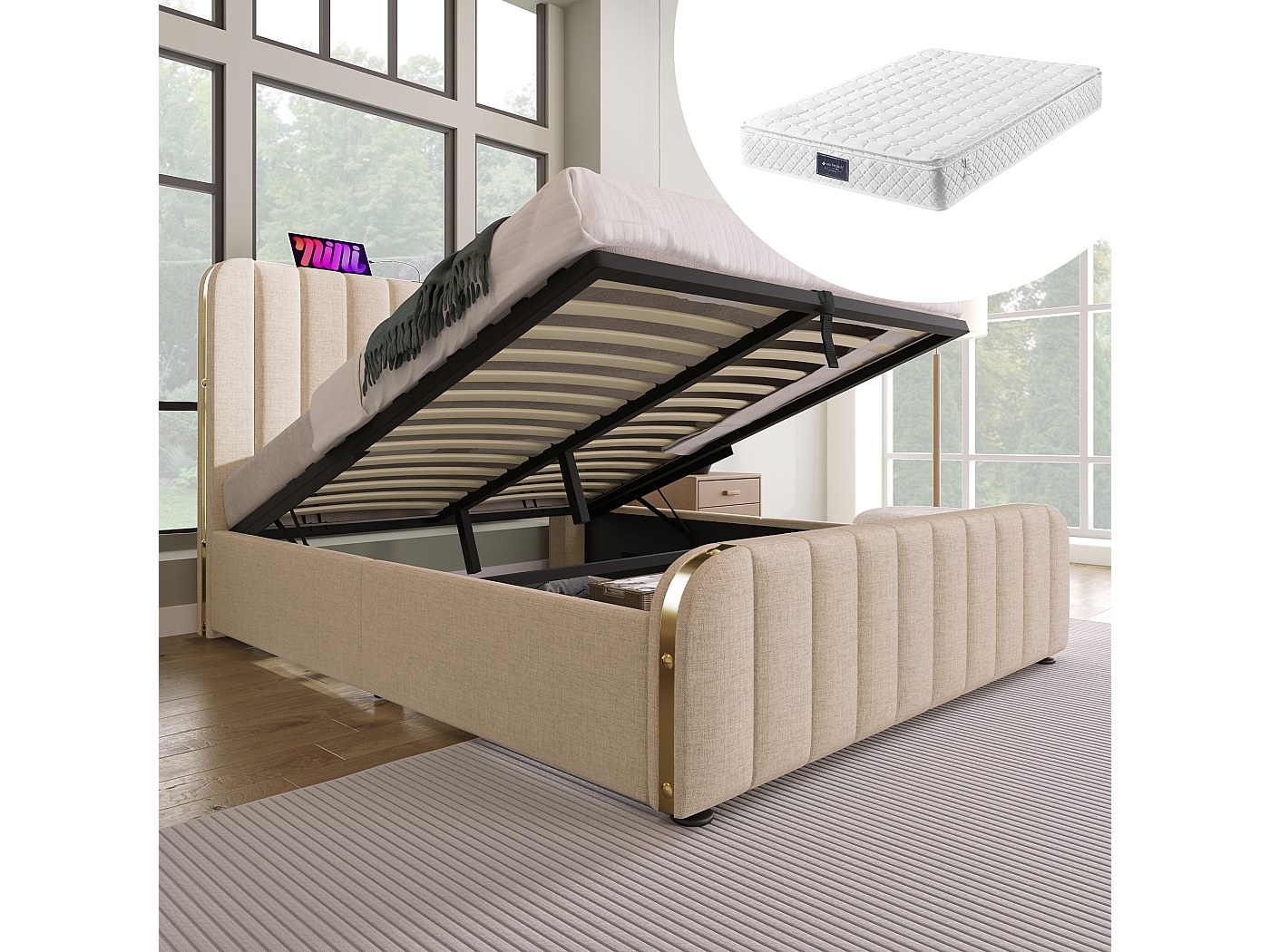 Cama de casal estofada com arrumação - 140 x 200 cm - Colchão ...
