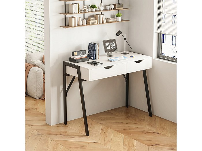 Biurko nowoczesne z szufladami, białe, na czarnych nogach, 80 cm